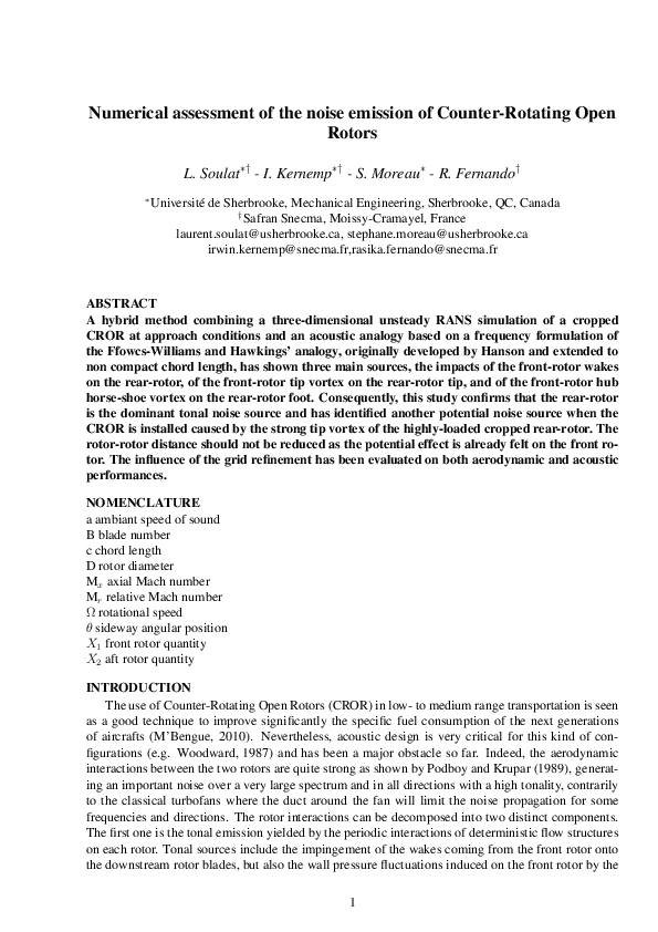 Pdf Numerical Assessment Of The Tonal Noise Of Counter Rotating Open Rotors At Approach