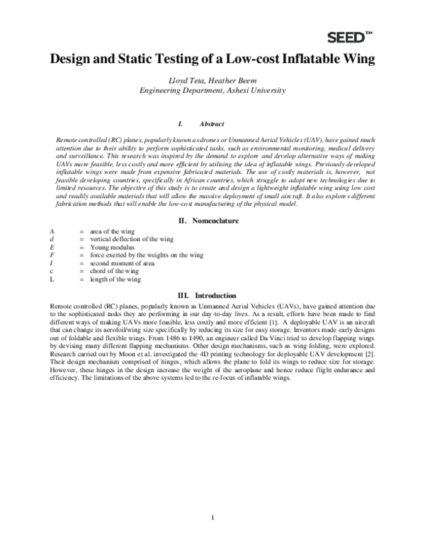 (PDF) Design and Static Testing of a Low-cost Inflatable Wing