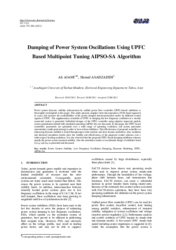 Pdf Damping Of Power System Oscillations Using Upfc Based Multipoint