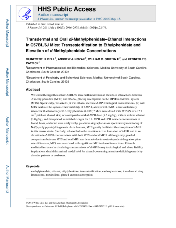 (PDF) Transdermal and oral dl-methylphenidate-ethanol interactions in ...
