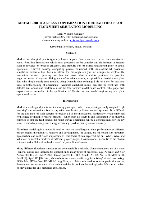 (PDF) Metallurgical Plant Optimization Through the use of Flowsheet Simulation Modelling