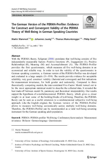 (PDF) The German Version of the PERMA-Profiler: Evidence for Construct ...