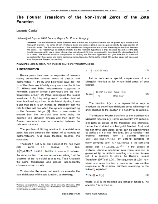 Pdf The Fourier Transform Of The Non Trivial Zeros Of The Zeta Function