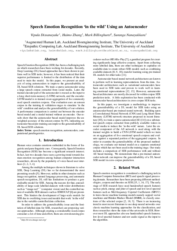 (PDF) Speech Emotion Recognition ‘in the Wild’ Using an Autoencoder
