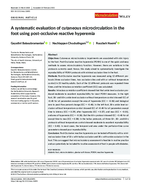 (PDF) A systematic evaluation of cutaneous microcirculation in the foot ...