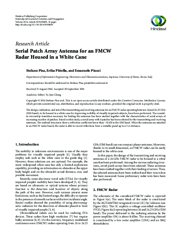 (PDF) Serial Patch Array Antenna for an FMCW Radar Housed in a White Cane