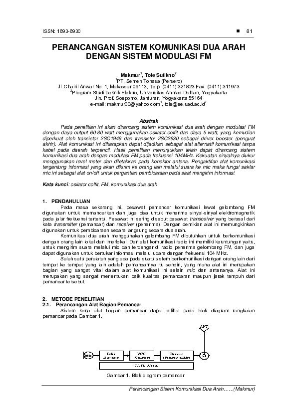(PDF) Perancangan Sistem Komunikasi Dua Arah Dengan Sistem Modulasi FM