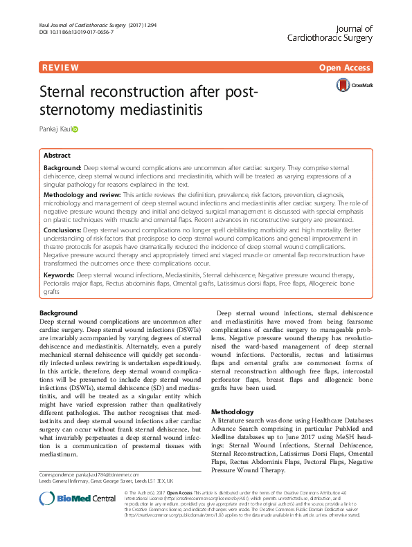 (PDF) Sternal reconstruction after post-sternotomy mediastinitis