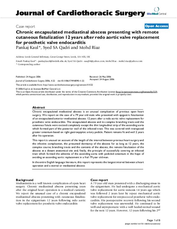 (PDF) Chronic encapsulated mediastinal abscess presenting with remote ...