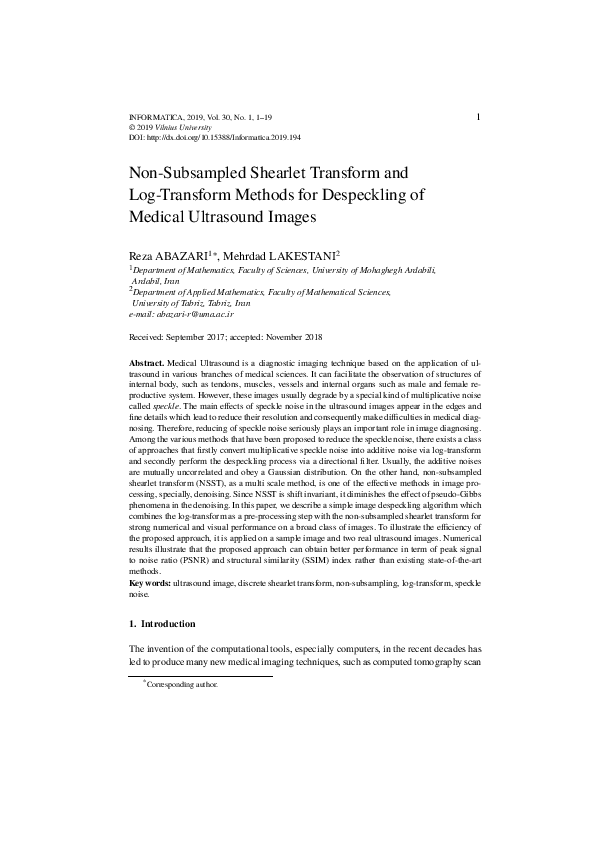 (PDF) Non-Subsampled Shearlet Transform and Log-Transform Methods for Despeckling of Medical ...