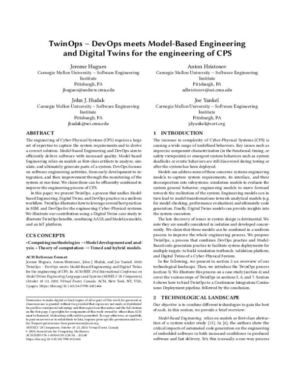 (PDF) TwinOps - DevOps meets model-based engineering and digital twins for the engineering of CPS