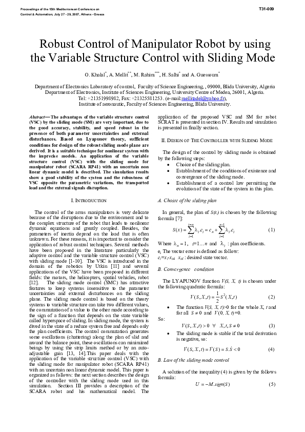 Pdf Robust Control Of Manipulator Robot By Using The Variable