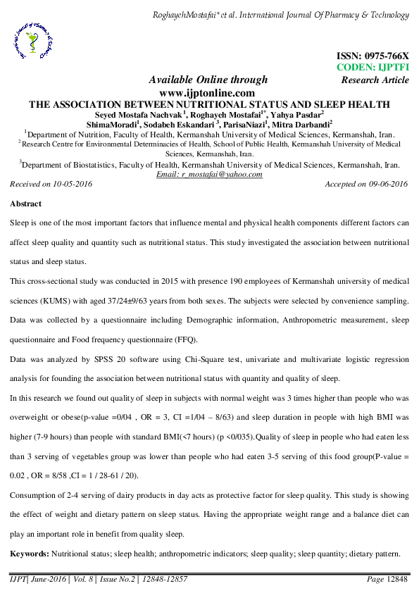 (PDF) The Association Between Nutritional Status and Sleep Health (PDF) The Association Between Nutritional Status and Sleep Health