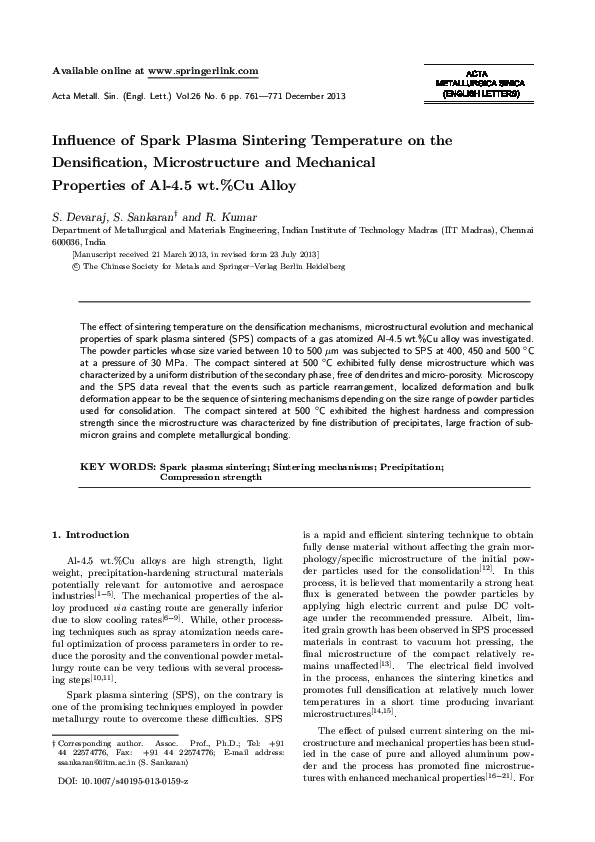 (PDF) Influence of spark plasma sintering temperature on the densification, microstructure and ...