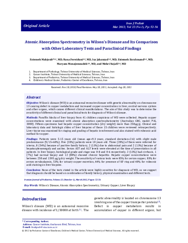 (PDF) Atomic Absorption Spectrometry in Wilson's Disease and Its ...