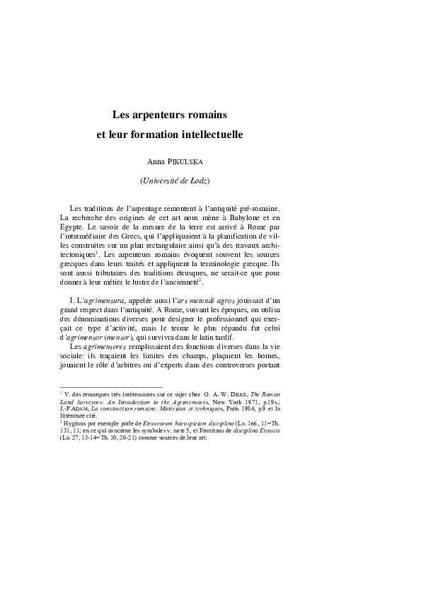 (PDF) Les arpenteurs romains et leur formation intellectuelle