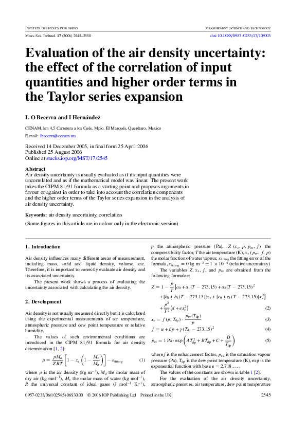 (PDF) Evaluation of the air density uncertainty: the effect of the ...