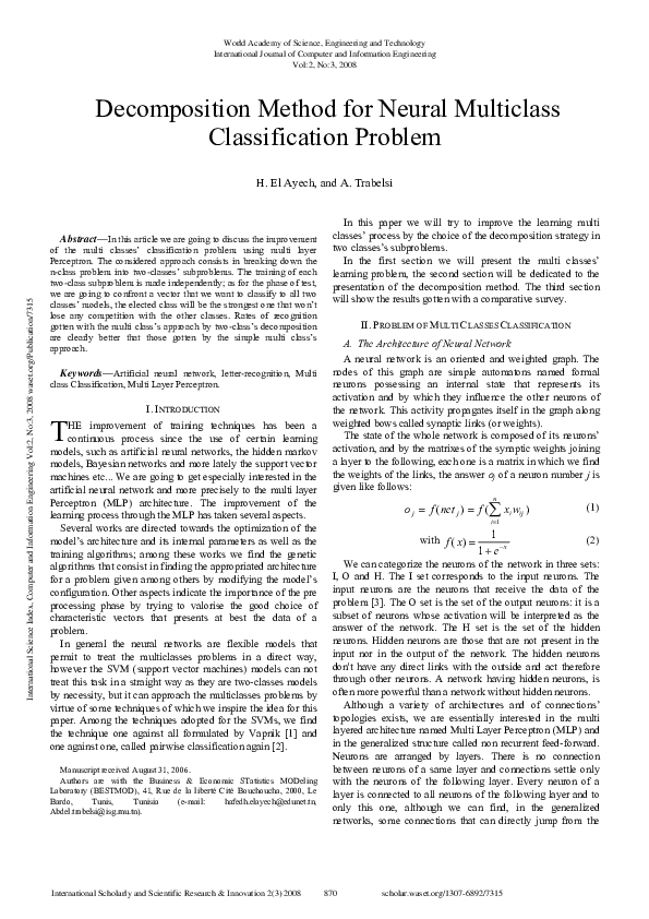 (PDF) Decomposition Method for Neural Multiclass Classification Problem