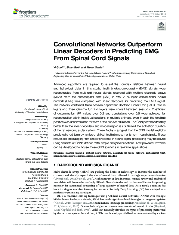 (PDF) Convolutional Networks Outperform Linear Decoders in Predicting EMG From Spinal Cord Signals