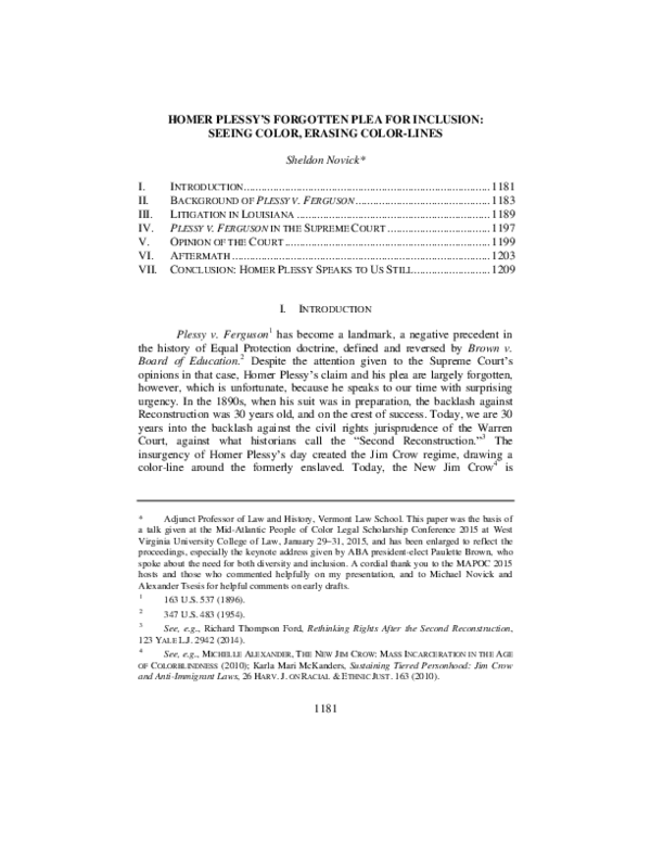 (PDF) Homer Plessy's Forgotten Plea for Inclusion: Seeing Color ...