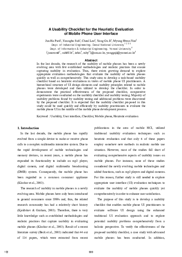 Pdf A Usability Checklist For The Heuristic Evaluation Of Mobile Phone User Interface