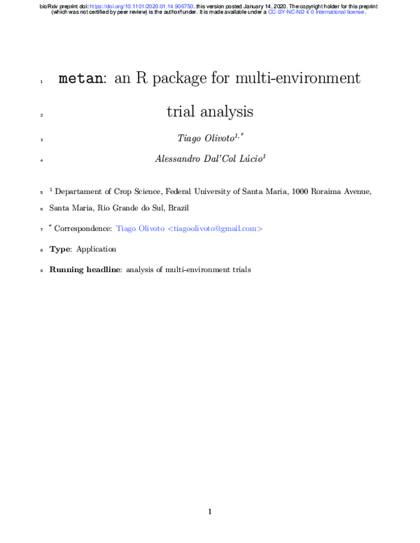 (PDF) metan: an R package for multi-environment trial analysis