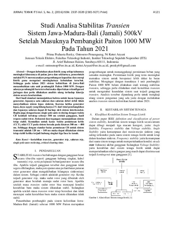 (PDF) Studi Analisa Stabilitas Transien Sistem Jawa-Madura-Bali (Jamali) 500kV Setelah Masuknya ...
