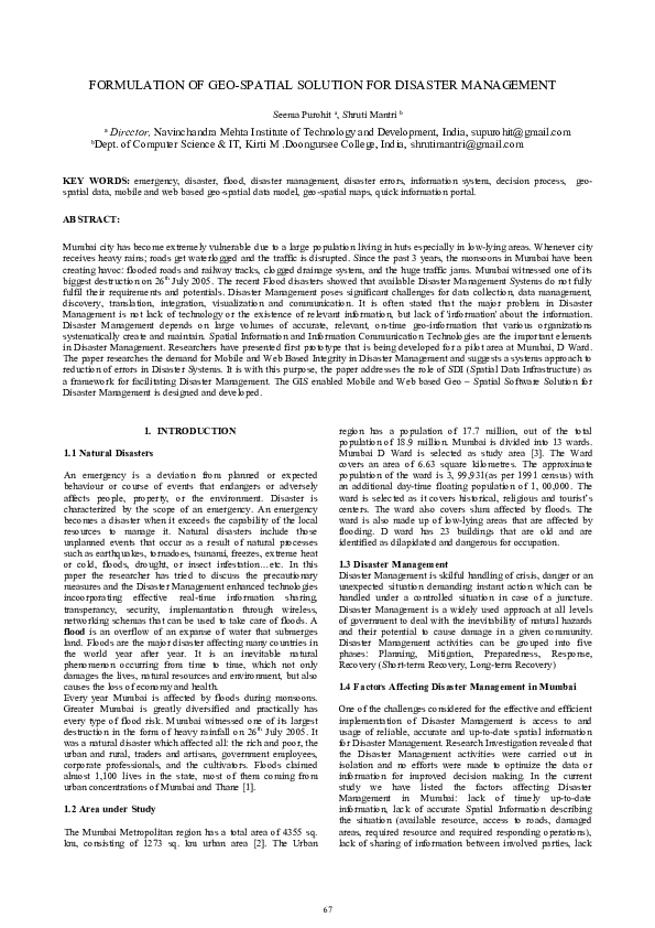 (PDF) Formulation of Geo-Spatial Solution for Disaster Management