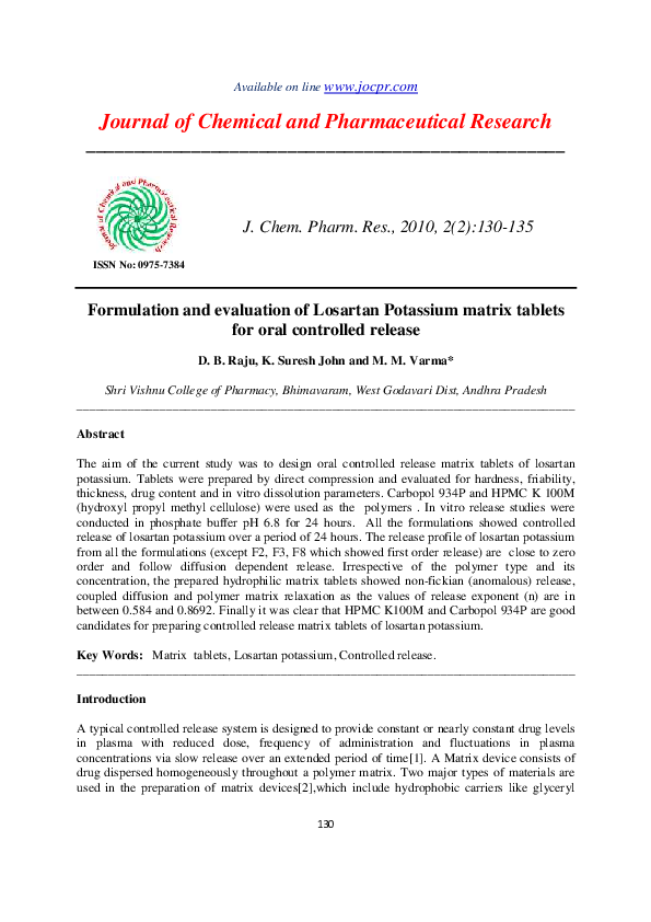 Pdf Formulation And Evaluation Of Losartan Potassium Matrix Tablets For Oral Controlled Release