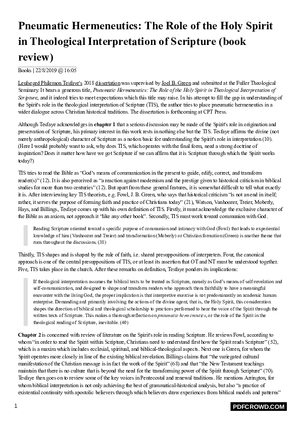 (PDF) Pneumatic Hermeneutics: The Role of the Holy Spirit in ...