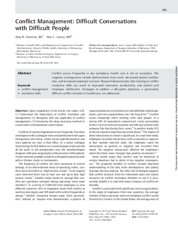 (PDF) Conflict Management: Difficult Conversations with Difficult People
