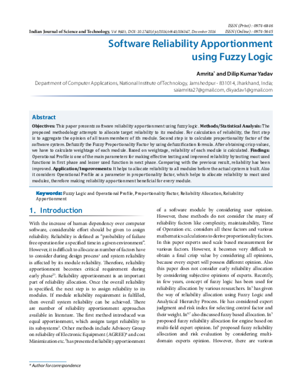 (PDF) Software Reliability Apportionment using Fuzzy Logic