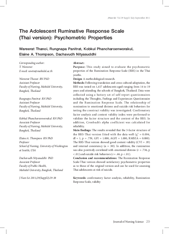 (PDF) The Adolescent Ruminative Response Scale (Thai version ...