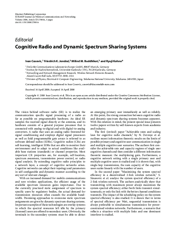 Pdf Cognitive Radio And Dynamic Spectrum Sharing Systems Ryuji