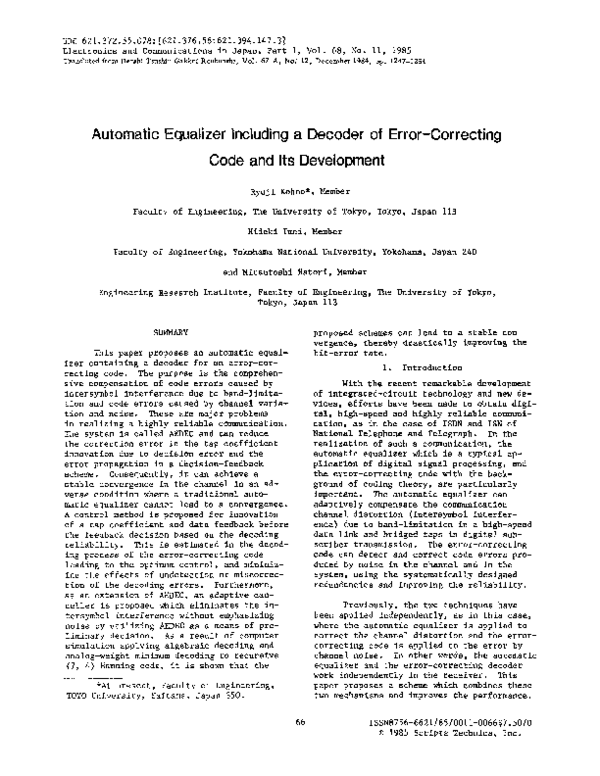 Pdf Automatic Equalizer Including A Decoder Of Error Correcting Code And Its Development 2285