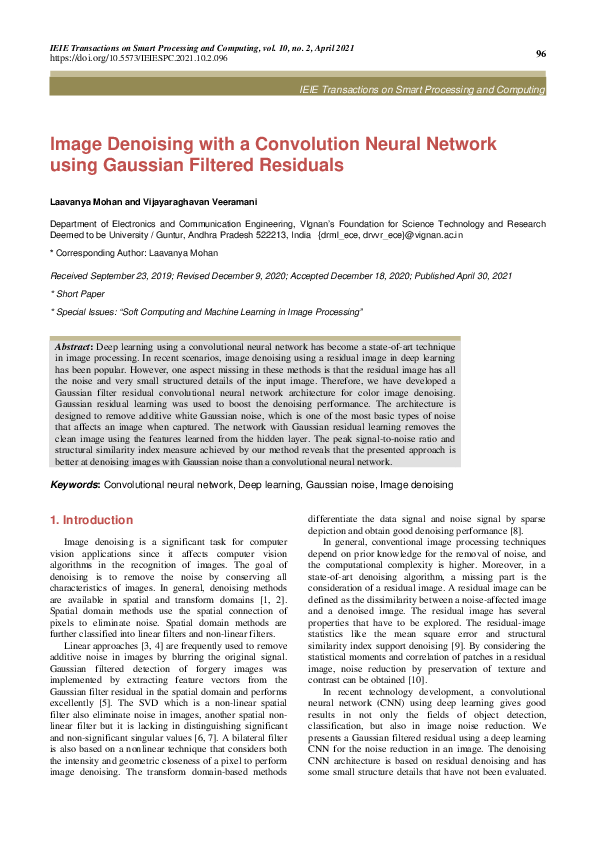 (PDF) Image Denoising with a Convolution Neural Network using Gaussian Filtered Residuals