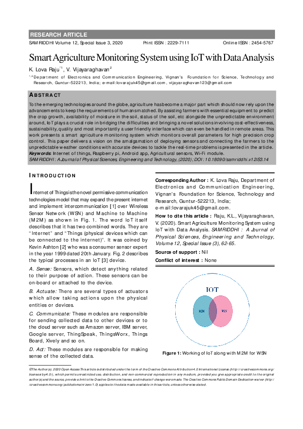 (PDF) Smart Agriculture Monitoring System using IoT with Data Analysis