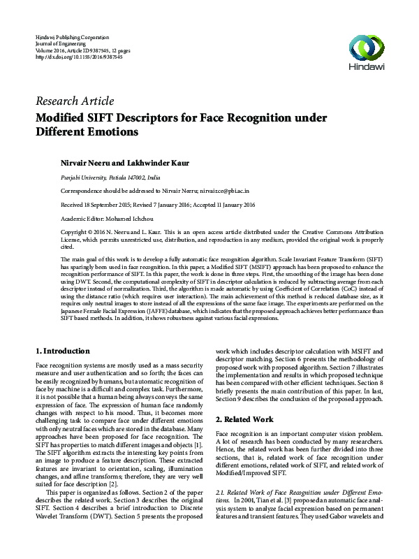(PDF) Modified SIFT Descriptors for Face Recognition under Different Emotions