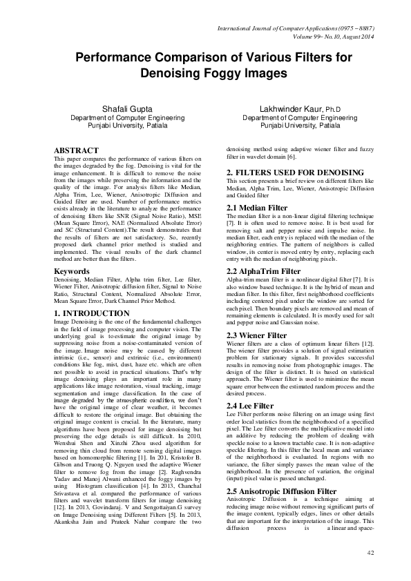 Pdf Performance Comparison Of Various Filters For Denoising Foggy Images