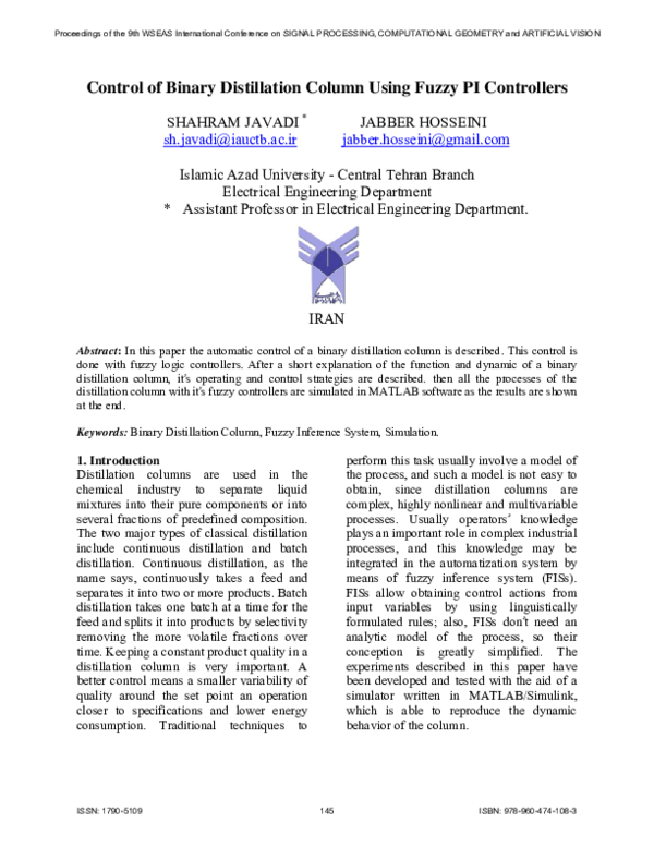 (PDF) Control of binary distillation column using fuzzy PI controllers