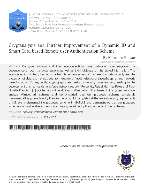 Pdf Cryptanalysis And Further Improvement Of A Dynamic Id And Smart Card Based Remote User