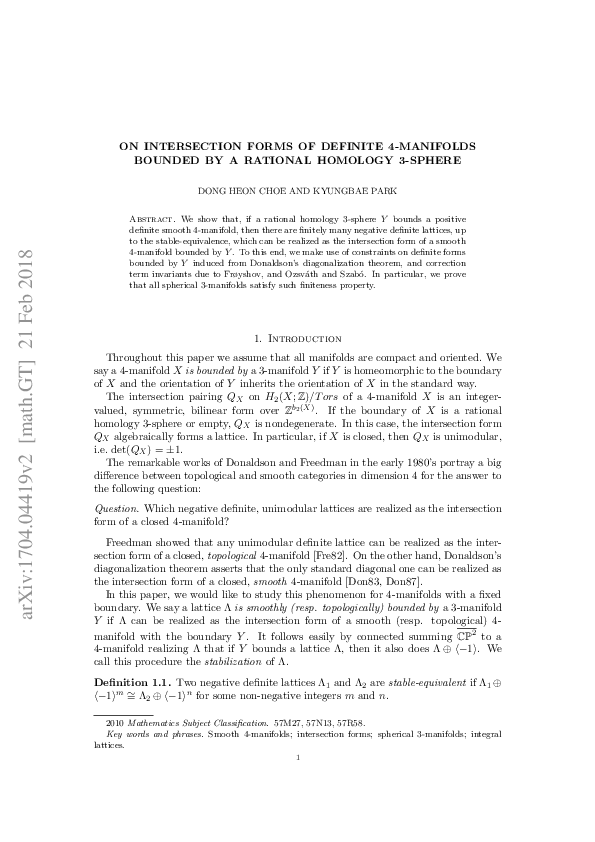(PDF) On intersection forms of definite 4-manifolds bounded by a ...