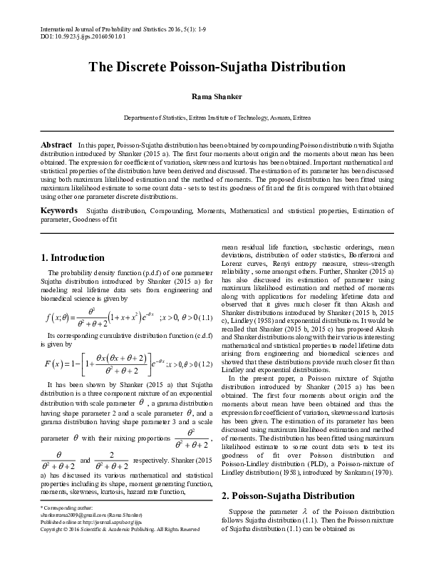 (PDF) A Generalization of Poisson-Sujatha Distribution and its Applications to Ecology