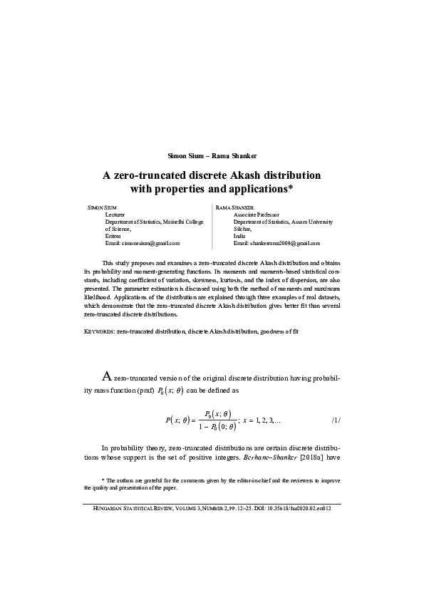 Pdf A Zero Truncated Discrete Akash Distribution With Properties And Applications