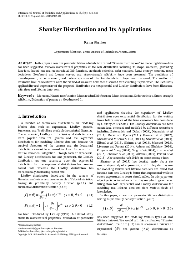 (PDF) Shanker Distribution and Its Applications
