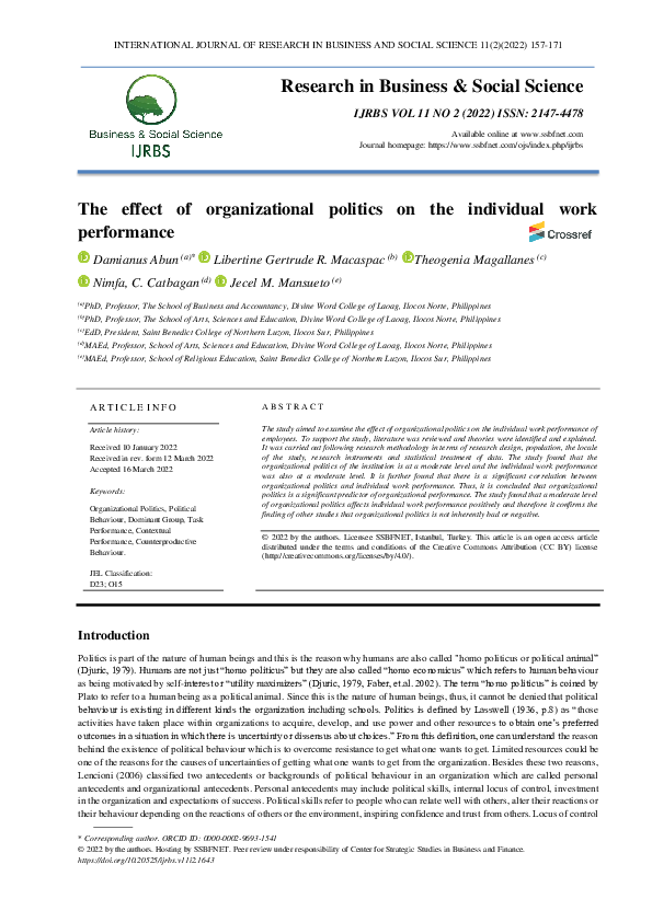 (PDF) The effect of organizational politics on the individual work performance