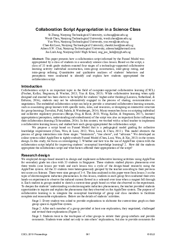 (PDF) Collaboration Script Appropriation in a Science Class