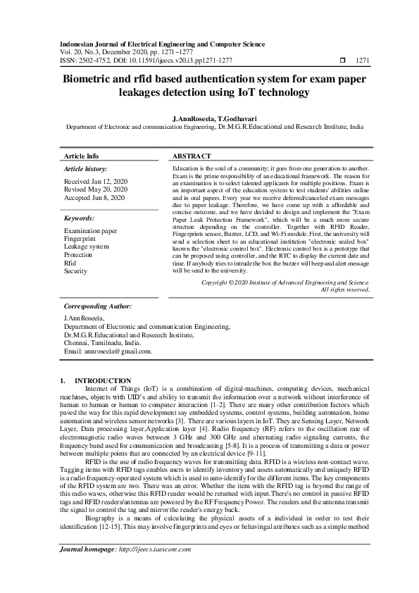 Pdf Biometric And Rfid Based Authentication System For Exam Paper Leakages Detection Using Iot