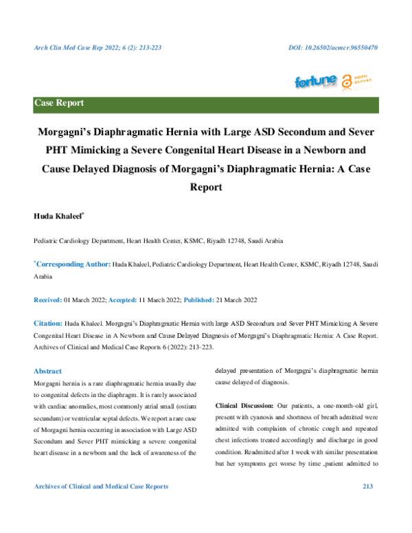 (PDF) Morgagni's Diaphragmatic Hernia with Large ASD Secondum and Sever PHT Mimicking a Severe ...