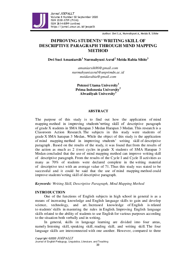 (PDF) Improving Students’ Writing Skill of Descriptive Paragraph Through Mind Mapping Method